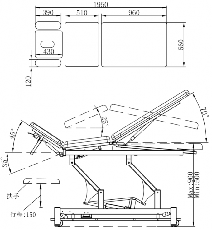 Height Adjustable Medical Office Exam Tables Electric 5 Sections On Casters
