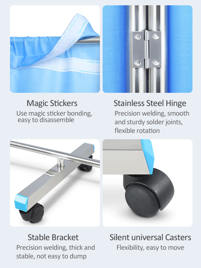 Medical Folding Stainless Steel 4- Part Ward Screen For Hospital