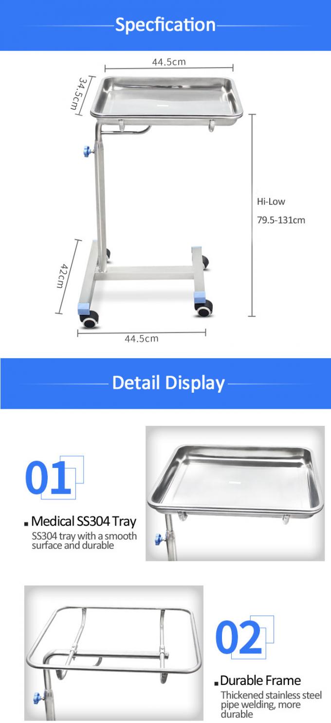 Medical Trolley Stainless Steel Mayo Table With Height Adjustment